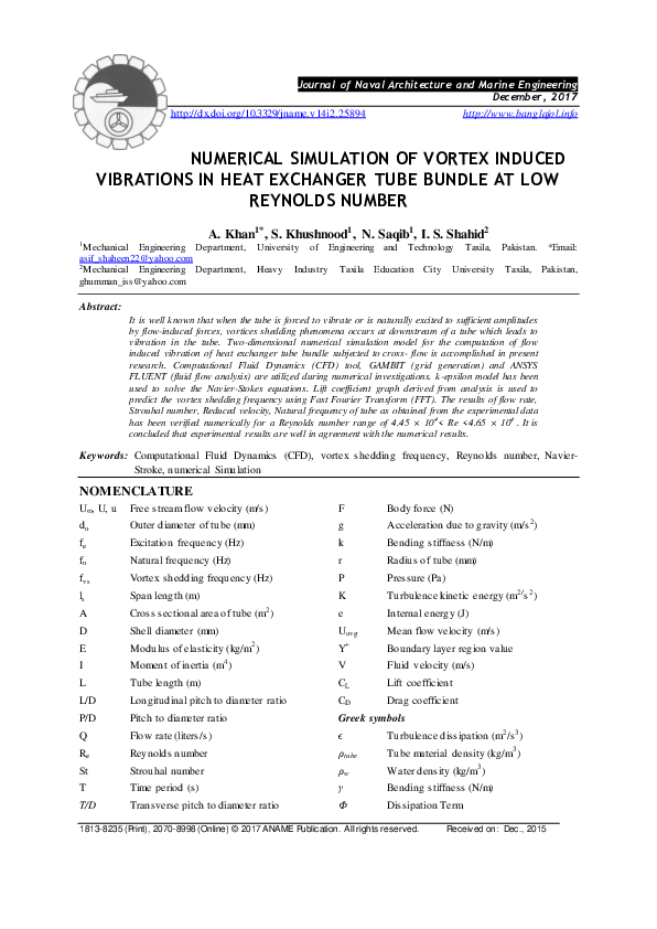 (PDF) Numerical simulation of vortex induced vibration in heat exchanger tube bundle at low ...