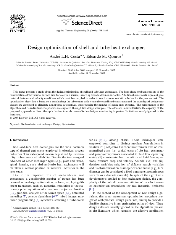(PDF) Design optimization of shell and tube heat exchangers using global sensitivity analysis ...