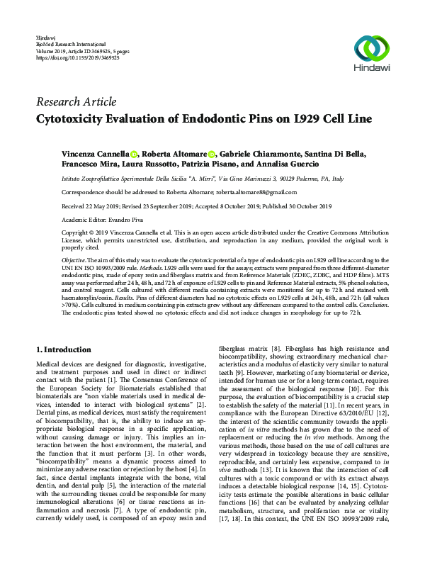 (PDF) Cytotoxicity Evaluation of Endodontic Pins on L929 Cell Line