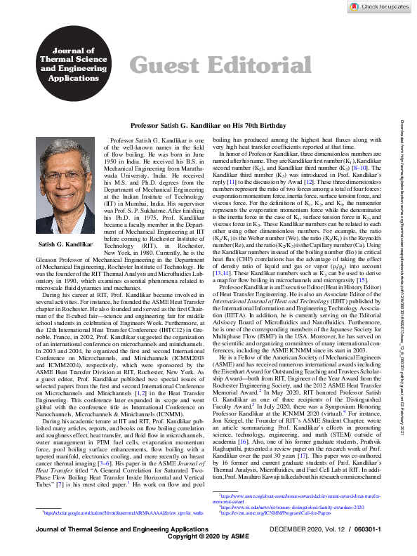 (PDF) Professor Satish G. Kandlikar on His 70th Birthday