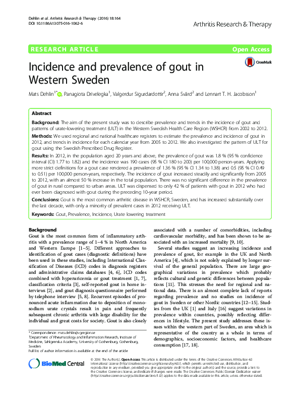 (PDF) Incidence and prevalence of gout in Western Sweden