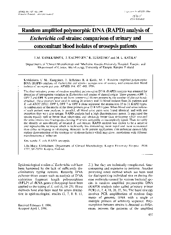 (PDF) Random amplified polymorphic DNA (RAPD) analysis of Escherichia coli strains: comparison ...