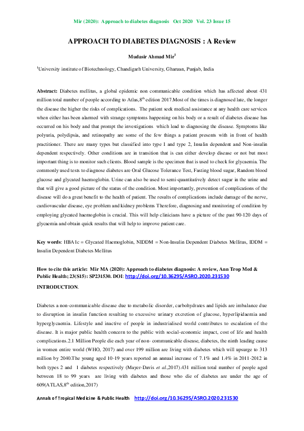 (PDF) APPROACH TO DIABETES DIAGNOSIS : A Review