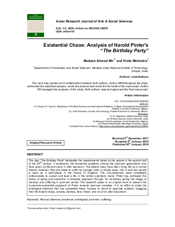 (PDF) Chaos: Analysis of Harold Pinter's “The Birthday Party”