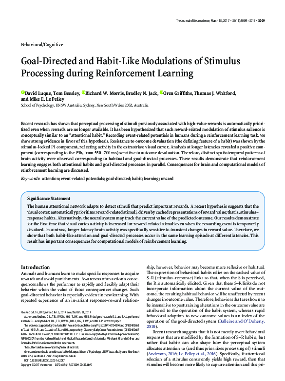Pdf Goal Directed And Habit Like Modulations Of Stimulus Processing During Reinforcement