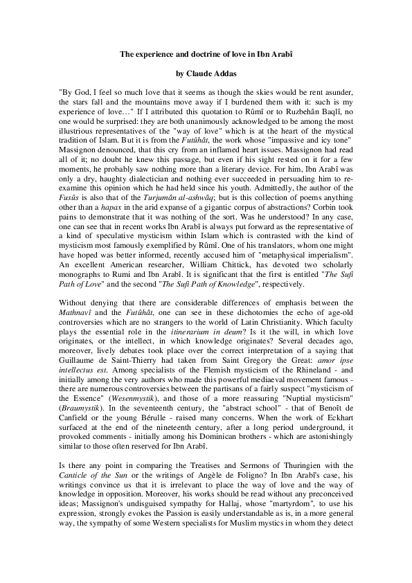 (PDF) The experience and doctrine of love in Ibn Arabî by Claude Addas