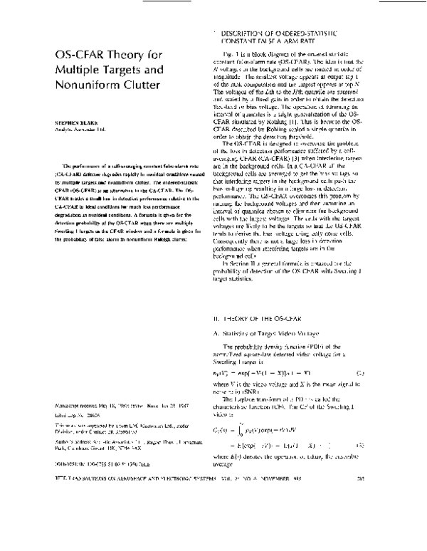 (PDF) OS-CFAR theory for multiple targets and nonuniform clutter