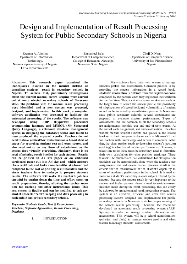 (PDF) Design and Implementation of Result Processing System for Public Secondary Schools in Nigeria