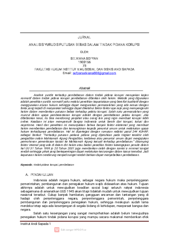 (PDF) "ANALISIS YURUDIS PUTUSAN BEBAS DALAM TINDAK PIDANA KORUPSI" SELVIANA SOFYAN 7B