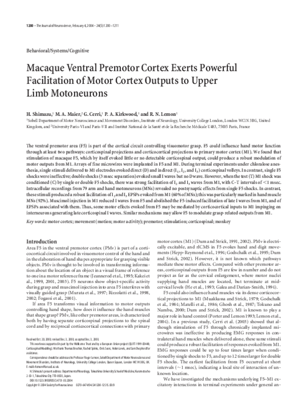 (PDF) Macaque Ventral Premotor Cortex Exerts Powerful Facilitation of ...