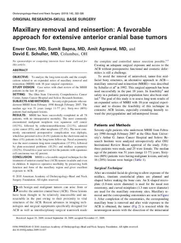 (PDF) Maxillary Removal for Anterior Cranial Tumors