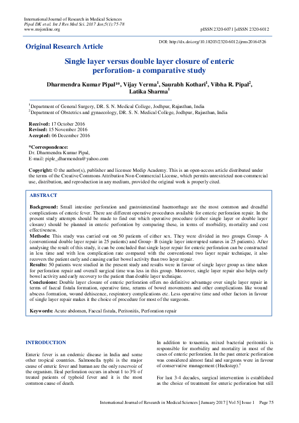 (PDF) Single layer versus double layer closure of enteric perforation ...
