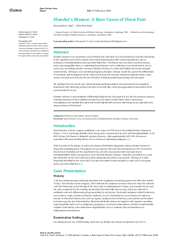 (PDF) Mondor’s Disease: A Rare Cause of Chest Pain