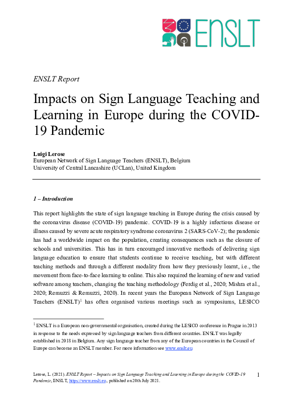 (PDF) ENSLT Report – Impacts on Sign Language Teaching and Learning in ...