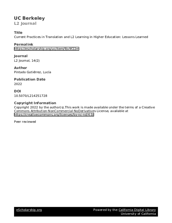 (PDF) Current Practices in Translation and L2 Learning in Higher Education: Lessons Learned