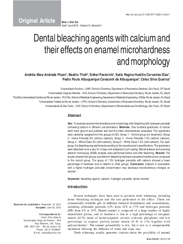 Pdf Dental Bleaching Agents With Calcium And Their Effects On Enamel Microhardness And Morphology
