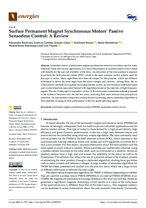 Pdf Surface Permanent Magnet Synchronous Motors Passive Sensorless Control A Review