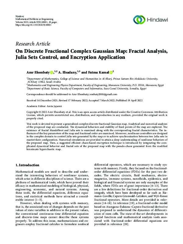 Pdf On Discrete Fractional Complex Gaussian Map Fractal Analysis Julia Sets Control And