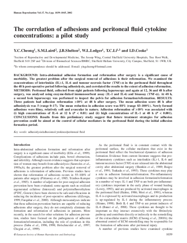 (PDF) The correlation of adhesions and peritoneal fluid cytokine ...