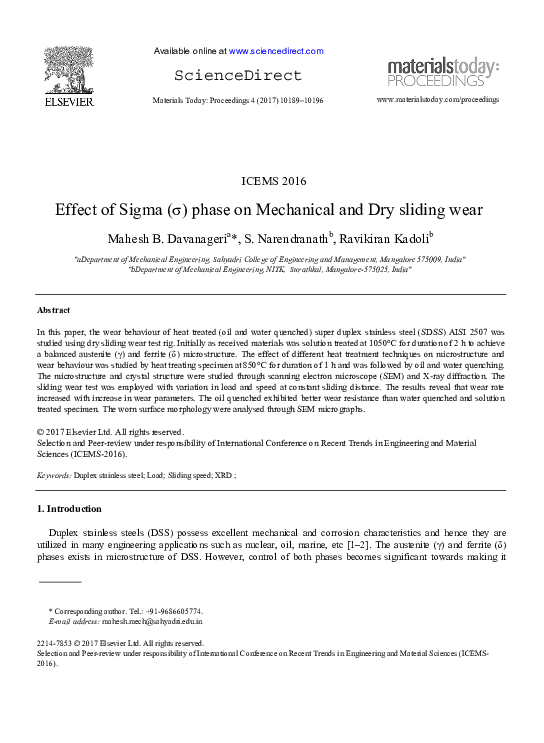 (PDF) Effect of Sigma (σ) phase on Mechanical and Dry sliding wear
