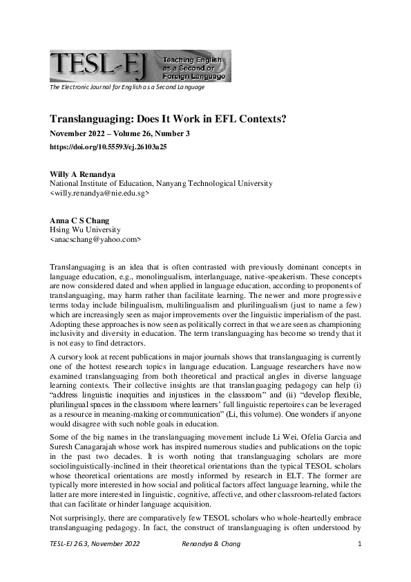 (PDF) Translanguaging: Does It Work in EFL Contexts?