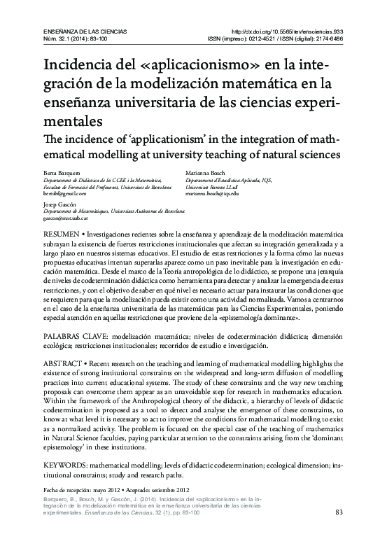 (PDF) Incidencia del «aplicacionismo» en la integración de la modelización matemática en la ...
