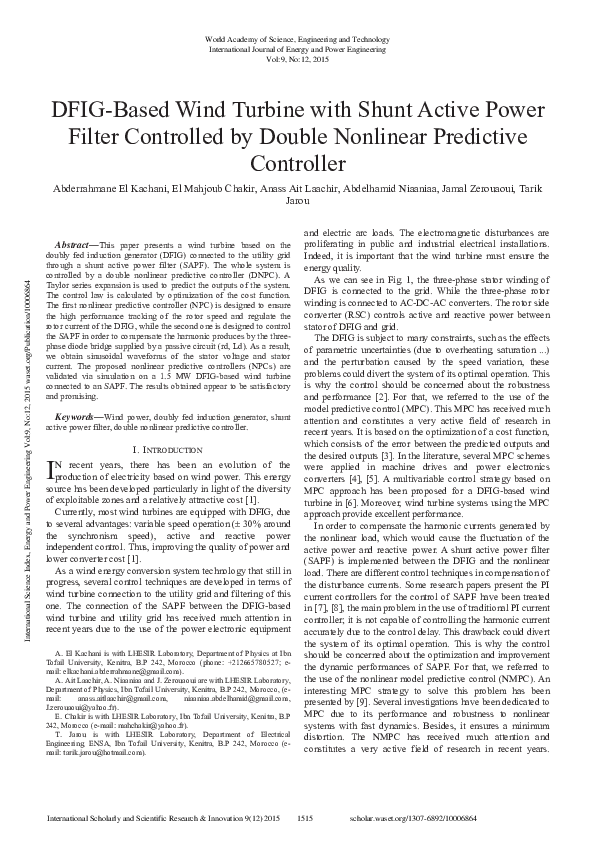 Pdf Dfig Based Wind Turbine With Shunt Active Power Filter Controlled By Double Nonlinear 