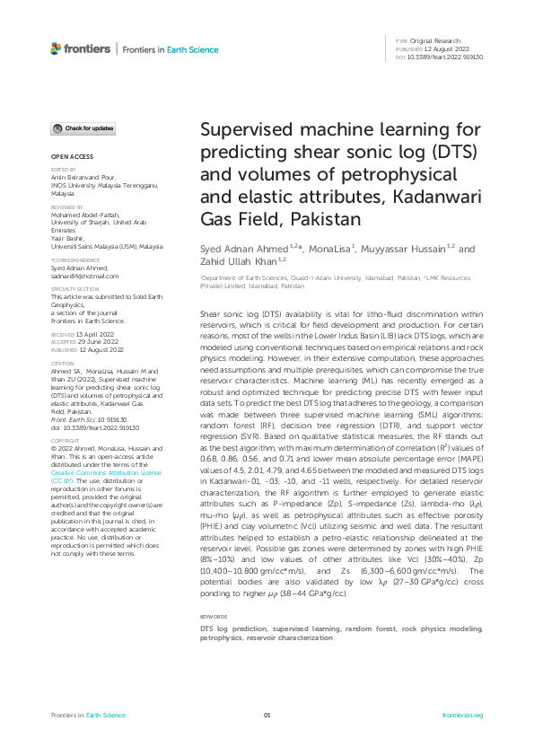 (PDF) Supervised machine learning for predicting shear sonic log (DTS) and volumes of ...