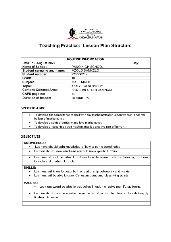 (DOC) LESSON PLAN 6 Analytical geometry