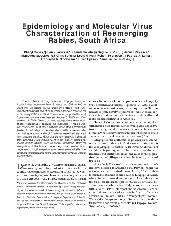 (PDF) Epidemiology and Molecular Virus Characterization of Reemerging Rabies, South Africa