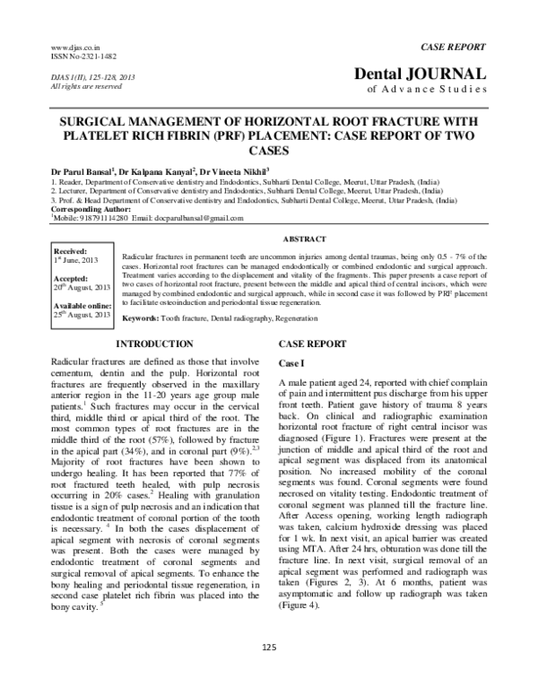 (PDF) Surgical Management of Horizontal Root Fracture with Platelet ...