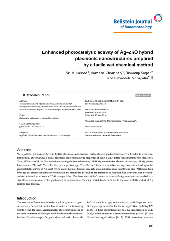(PDF) Enhanced photocatalytic activity of Ag–ZnO hybrid plasmonic nanostructures prepared by a ...