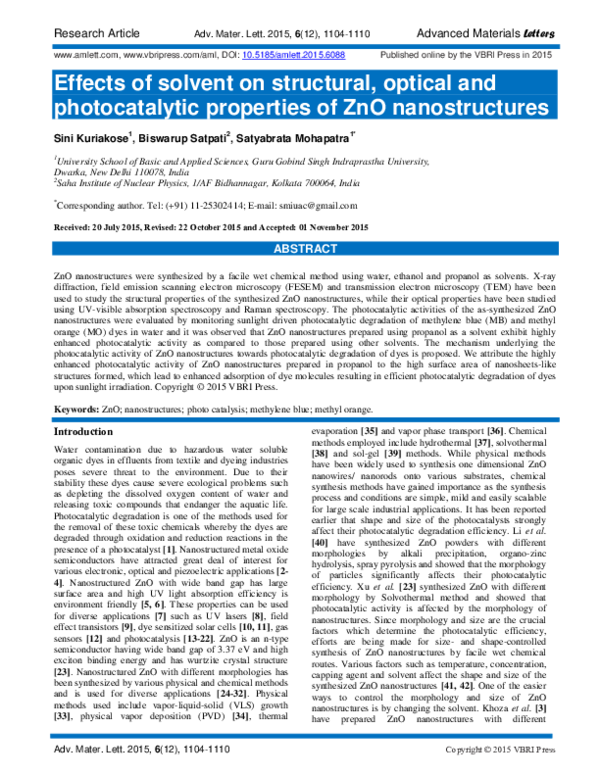 (PDF) Effects Of Solvent On Structural, Optical And Photocatalytic Properties Of ZnO Nanostructures