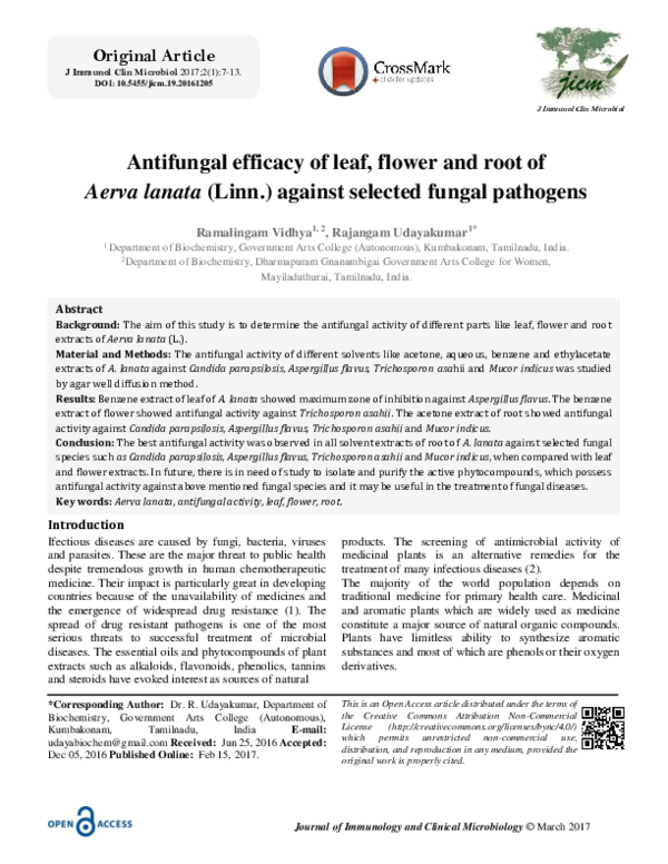 (PDF) Antifungal efficacy of leaf, flower and root extracts of Aerva ...