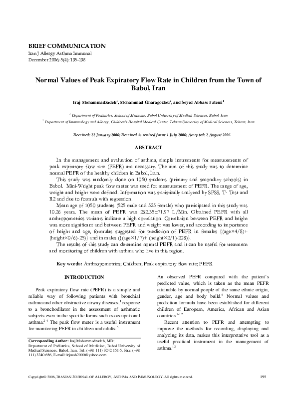 (PDF) Normal values of peak expiratory flow rate in children from the ...