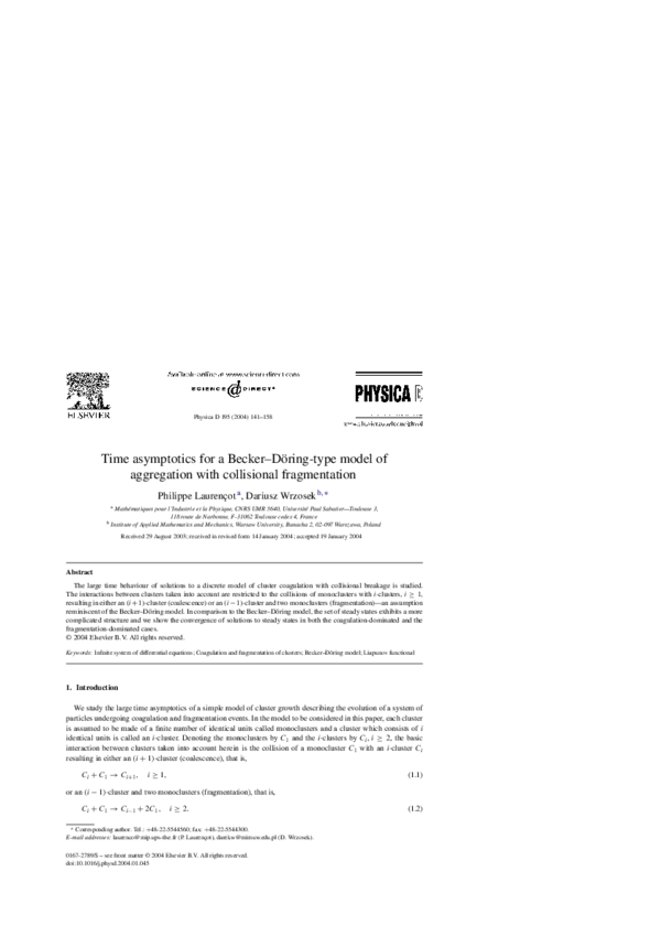 (PDF) Time asymptotics for a Becker–Döring-type model of aggregation with collisional fragmentation