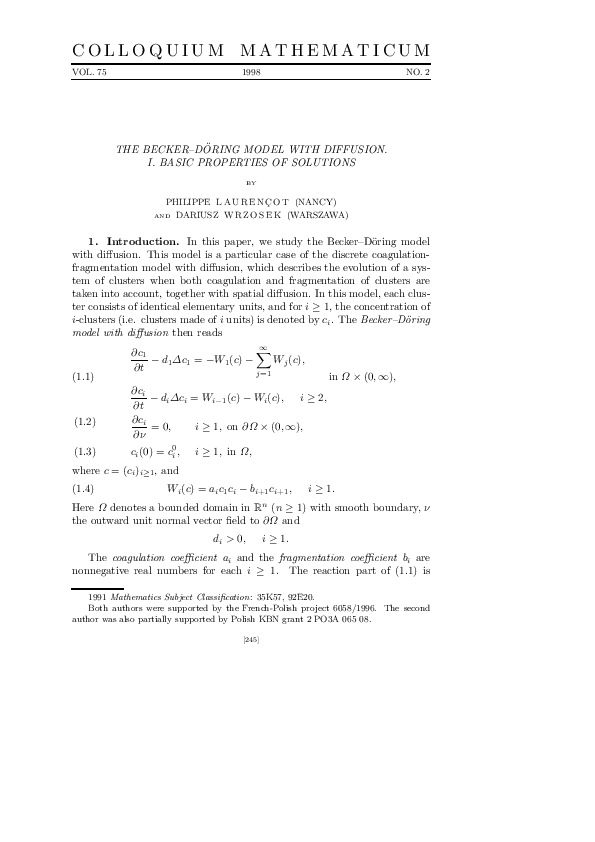 (PDF) The Becker-Döring model with diffusion. I. Basic properties of ...