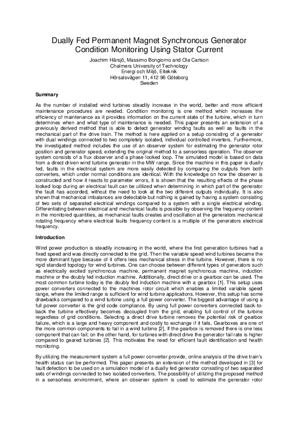 Pdf Dually Fed Permanent Magnet Synchronous Generator Condition Monitoring Using Generator Current