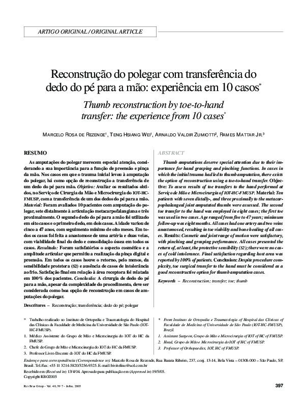 (PDF) Thumb reconstruction by toe-to-hand transfer : the experience ...