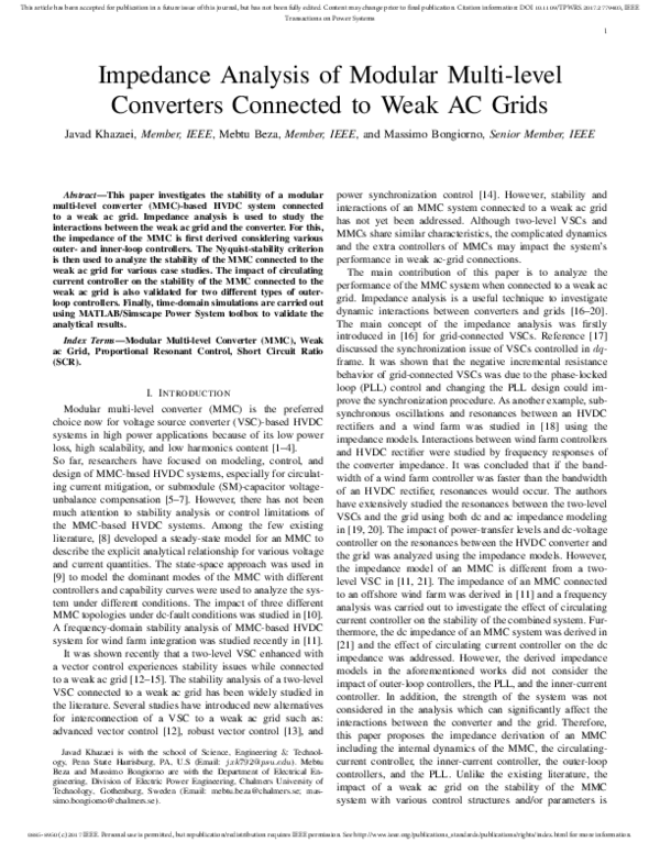 (PDF) Impedance Analysis of Modular Multi-Level Converters Connected to Weak AC Grids