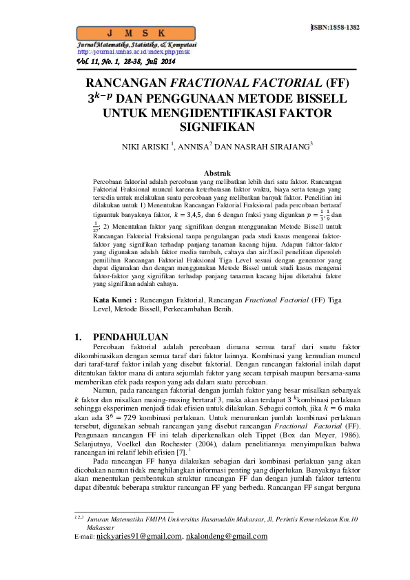 (PDF) RANCANGAN FRACTIONAL FACTORIAL (FF) 3^(k-p) DAN PENGGUNAAN METODE ...