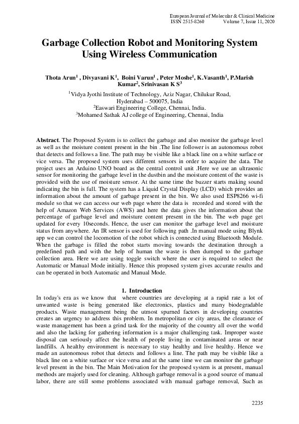 (PDF) Garbage Collection Robot and Monitoring System Using Wireless ...