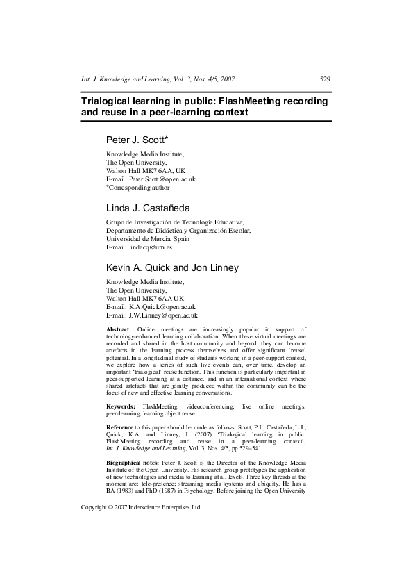 (PDF) Trialogical learning in public: FlashMeeting recording and reuse ...