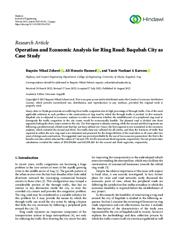 (PDF) Operation and Economic Analysis for Ring Road: Baqubah City as ...