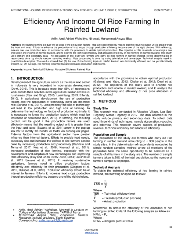 (PDF) Efficiency And Income Of Rice Farming In Rainfed Lowland