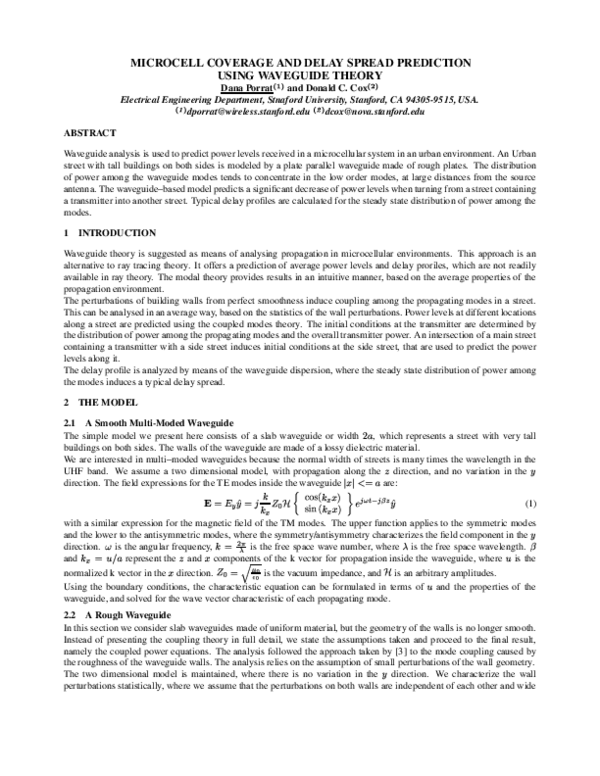 Pdf Microcell Coverage And Delay Spread Prediction Using Waveguide Theory