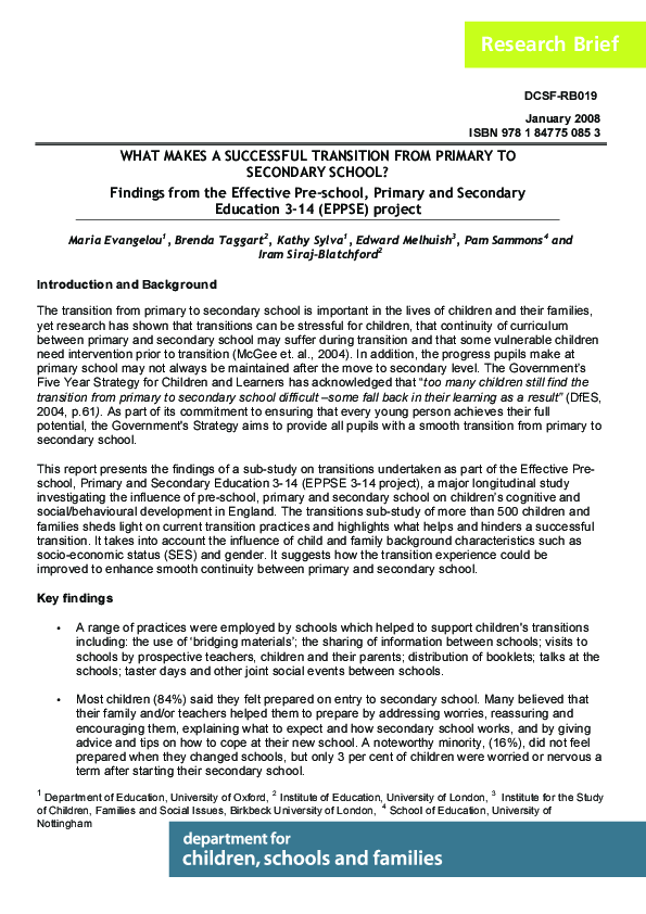 (PDF) What makes a successful transition from Primary to Secondary School?