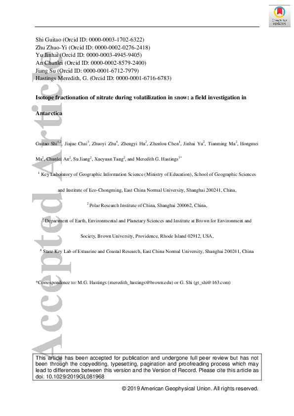 (PDF) Isotope Fractionation of Nitrate During Volatilization in Snow: A ...