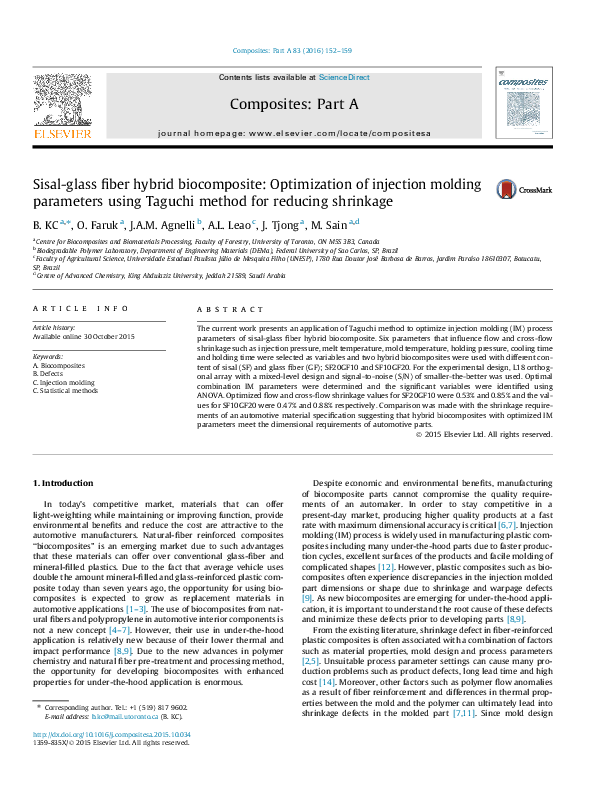 Pdf Sisal Glass Fiber Hybrid Biocomposite Optimization Of Injection Molding Parameters Using