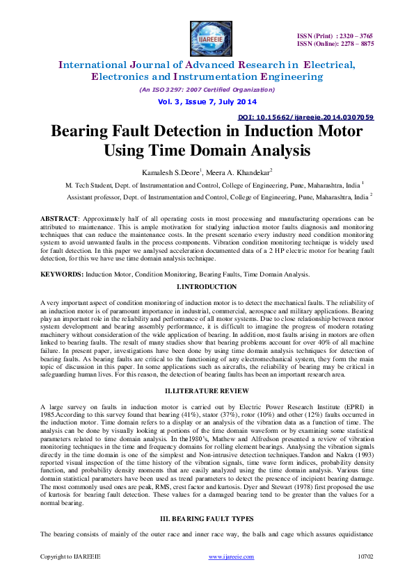 (PDF) Bearing Fault Detection in Induction Motor Using Time Domain Analysis